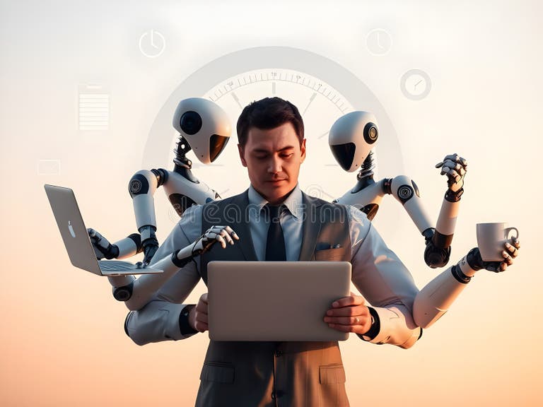 A Professional with Multiple Robotic Arms, Each Performing a Different Task. Concept of Time ...