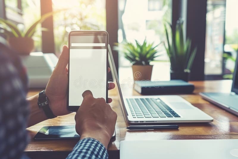 Professional Multitasking with a Smartphone and Laptop in a Modern ...