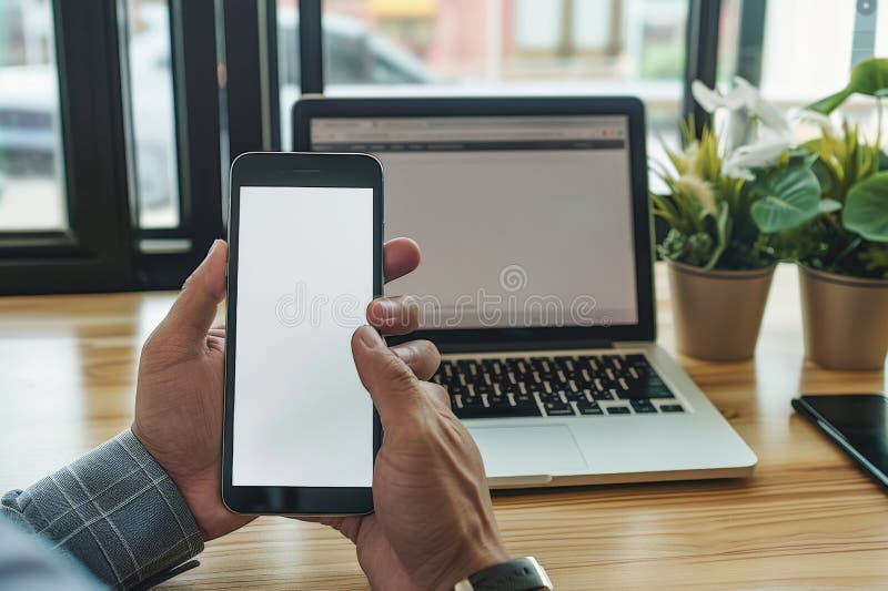 Professional Multitasking with a Smartphone and Laptop in a Modern ...