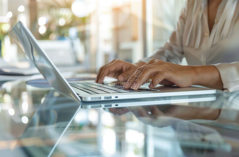 Closeup of Person Using Tablet and Laptop in Modern Workspace with ...