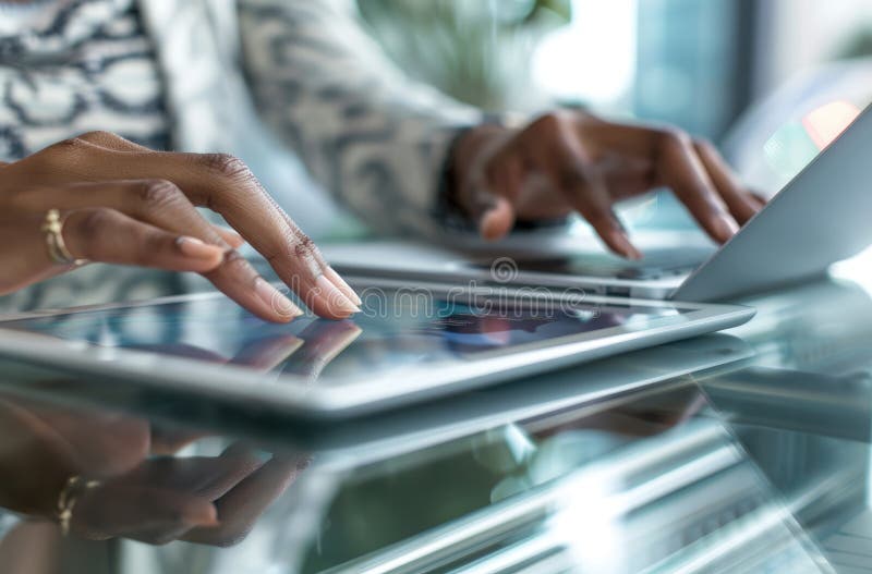 Closeup of Person Using Tablet and Laptop in Modern Workspace with ...