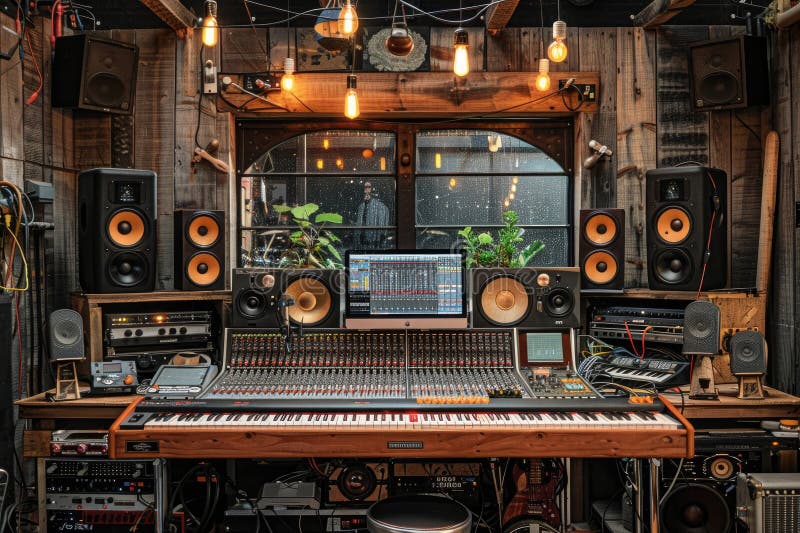 Professional Music Studio with Mixing Console, Speakers, and Acoustic ...