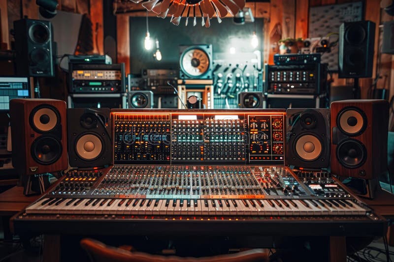 Professional Music Studio with Mixing Console, Speakers, and Acoustic ...