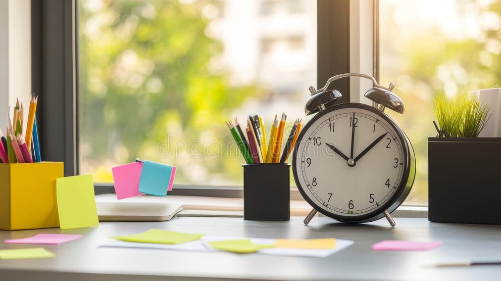 Professional Office Setup with a Clock and Colorful Sticky Notes for ...