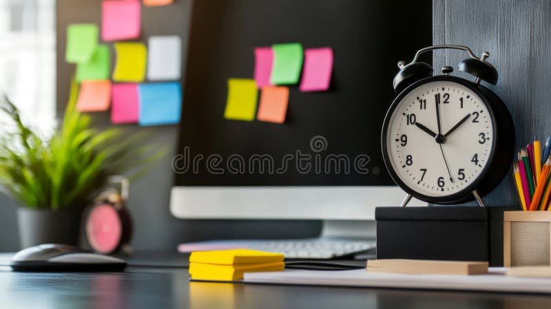 Professional Office Setup with Clock and Colorful Sticky Notes for ...