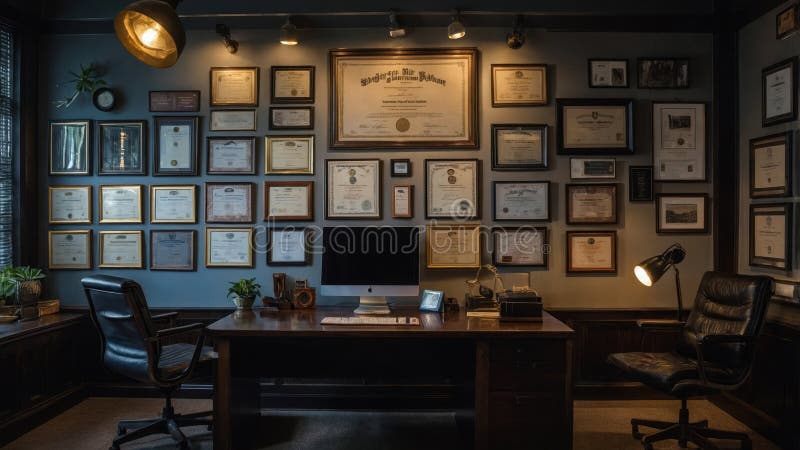 Professional Office Space Featuring Numerous Framed Certificates and ...