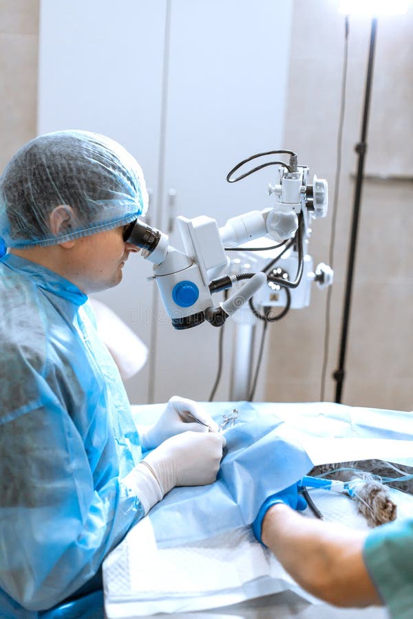 A Professional Ophthalmologist Performs Eye Surgery with a Microscope ...