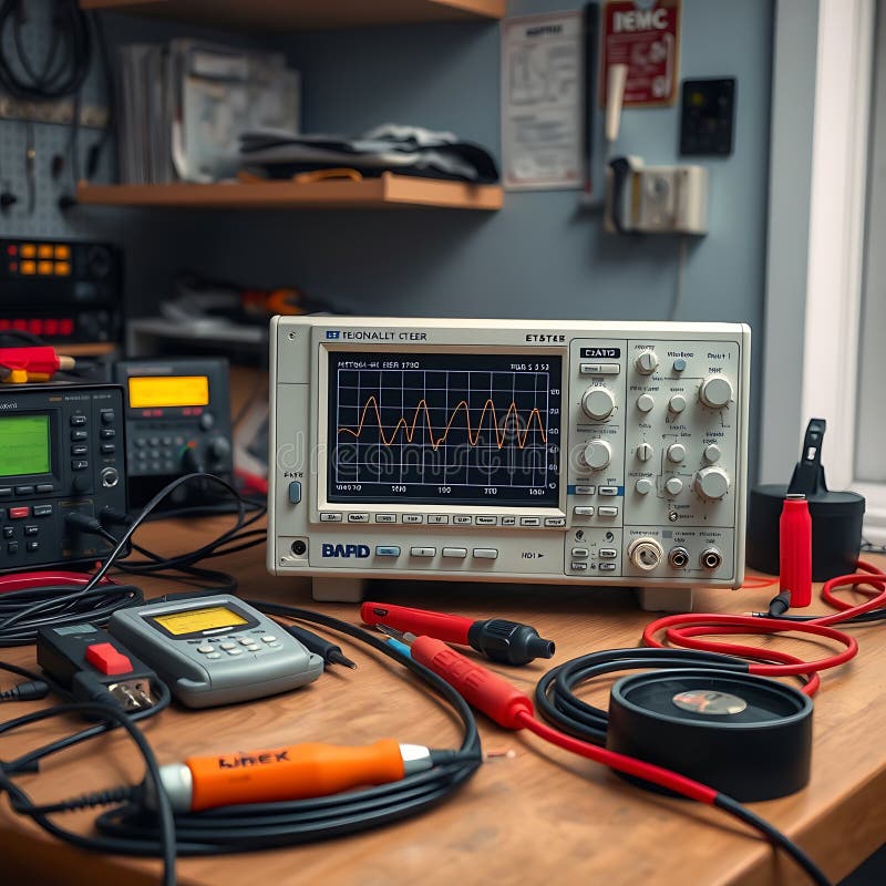 Professional Oscilloscope on a Workbench Showing a Distorted Signal on ...