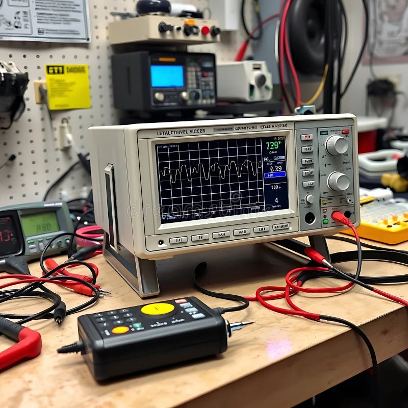 Professional Oscilloscope on a Workbench Showing a Distorted Signal on ...