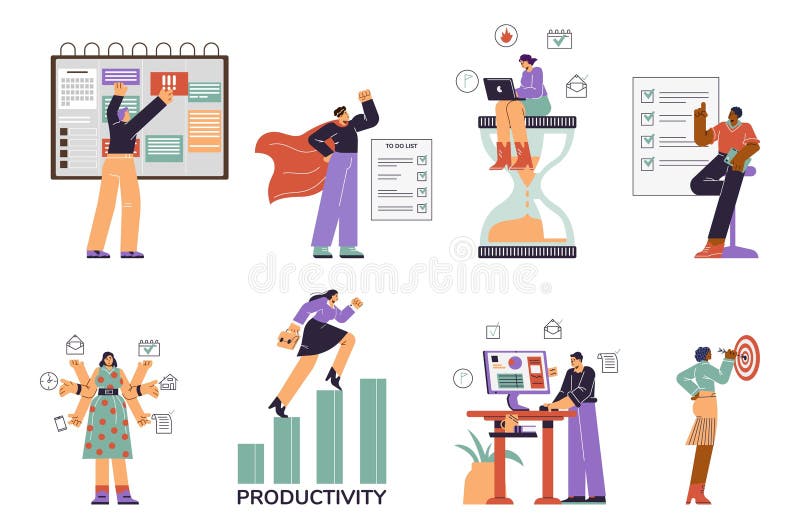People Organize Their Efficiency and Productivity, Vector Set of Scenes ...