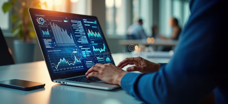 Professional Person Working on Laptop in Office with Digital Interface ...