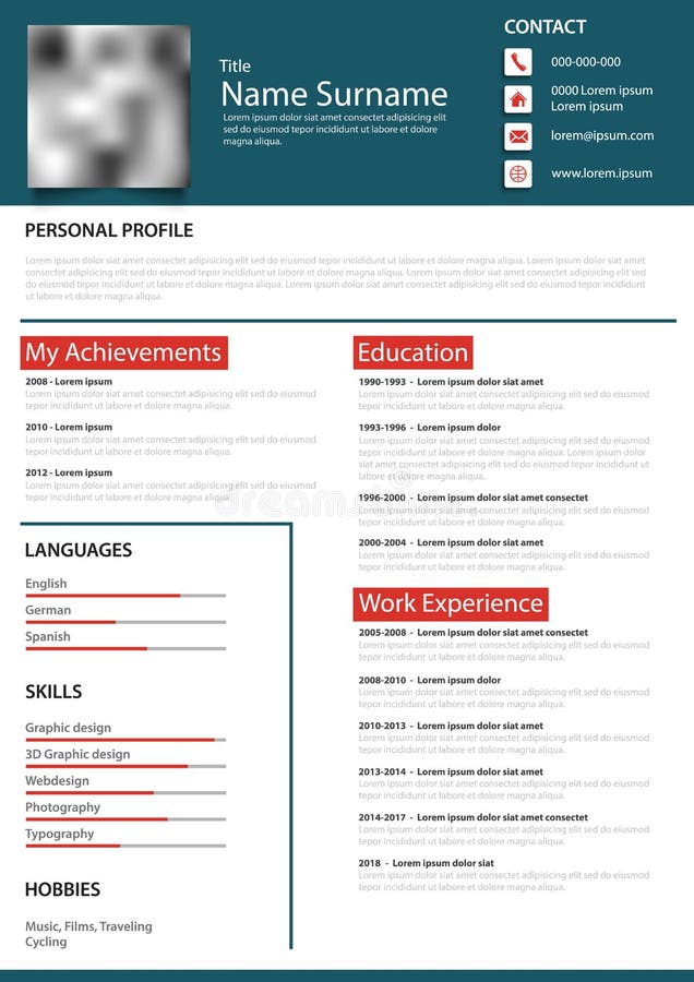 Professional Personal Resume Cv with Border in Blue Red Design Stock ...