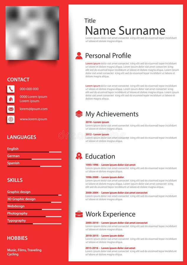 Professional Personal Resume Cv in Red White Design Template Stock ...