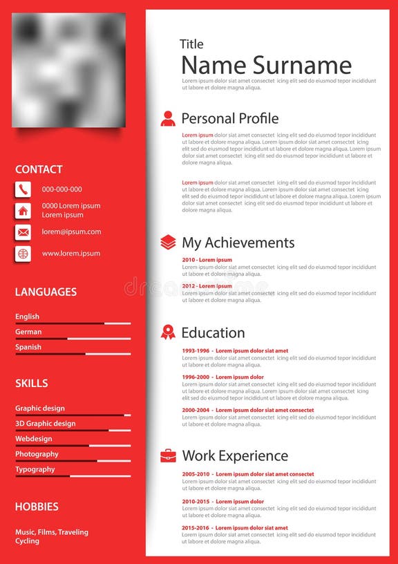 Professional Personal Resume Cv in Red White Design Template Stock ...