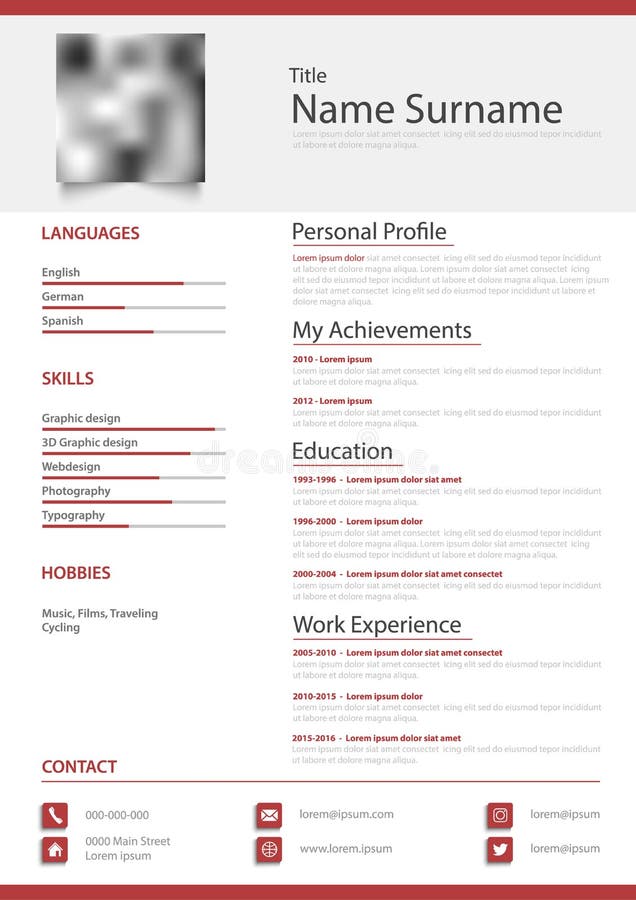 Professional Personal Resume Cv in Simple Red White Design Stock Vector ...
