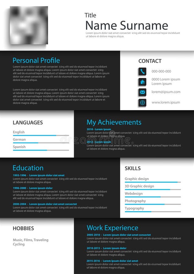 Professional Personal Resume Cv in White Black Square Design Stock ...