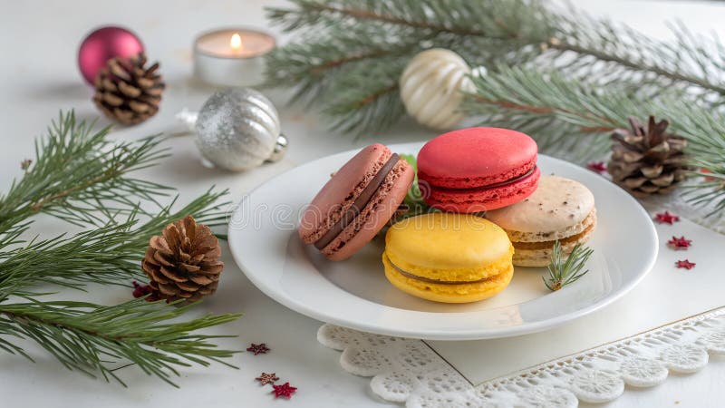A Professional Photo of Macarons in White. with Pine Leaves and ...