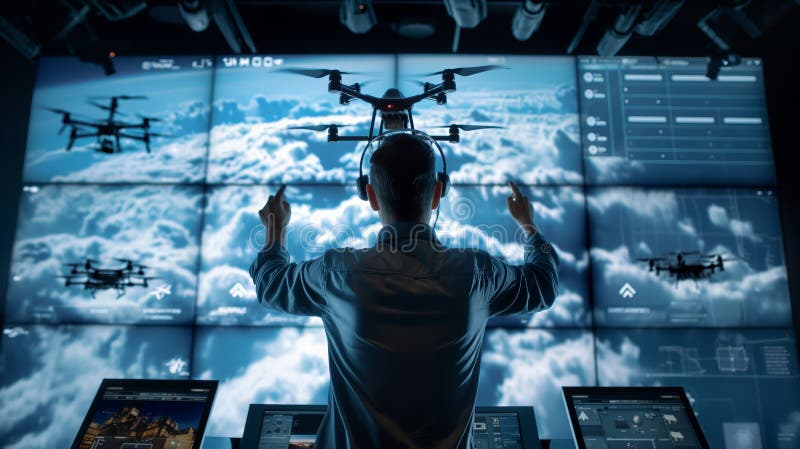 Man Controlling Drones in Exhibition Hall Stock Illustration ...