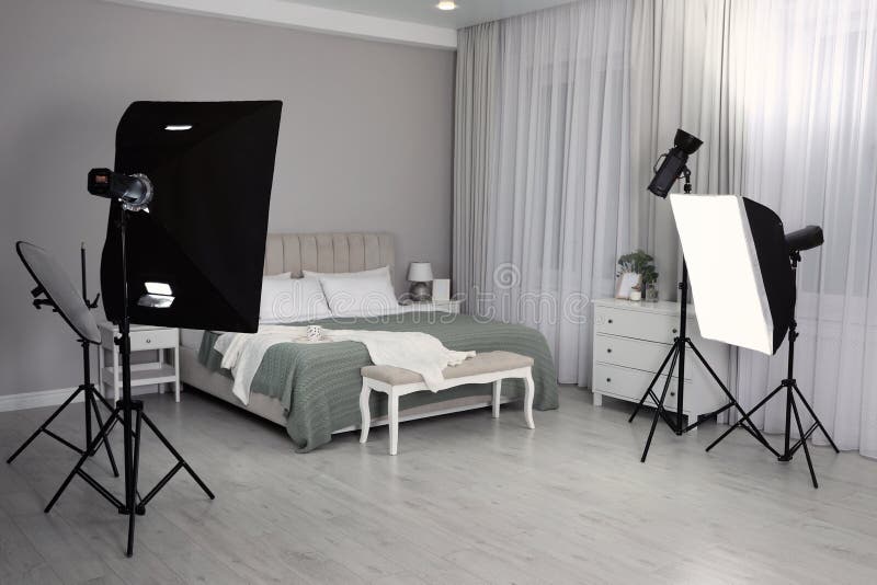 Professional Photo Studio Equipment Prepared for Shooting Bedroom ...
