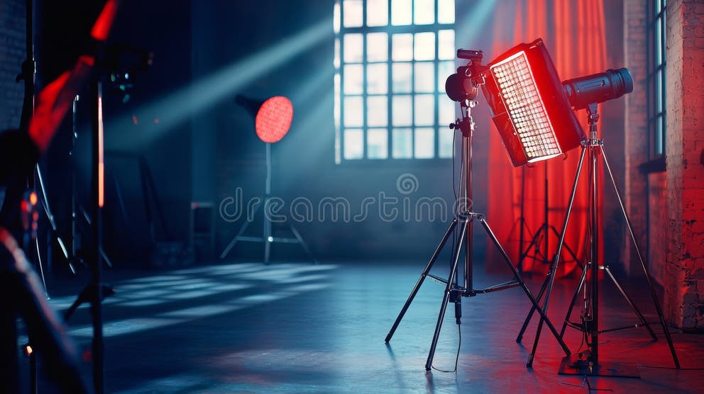 Professional Photo Studio with Red Lighting and Equipment Setup Stock ...