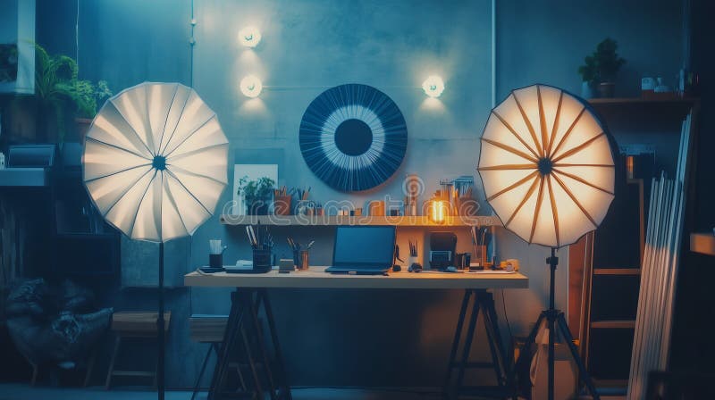 Professional Photo Studio Setup with Lighting Equipment and Laptop ...