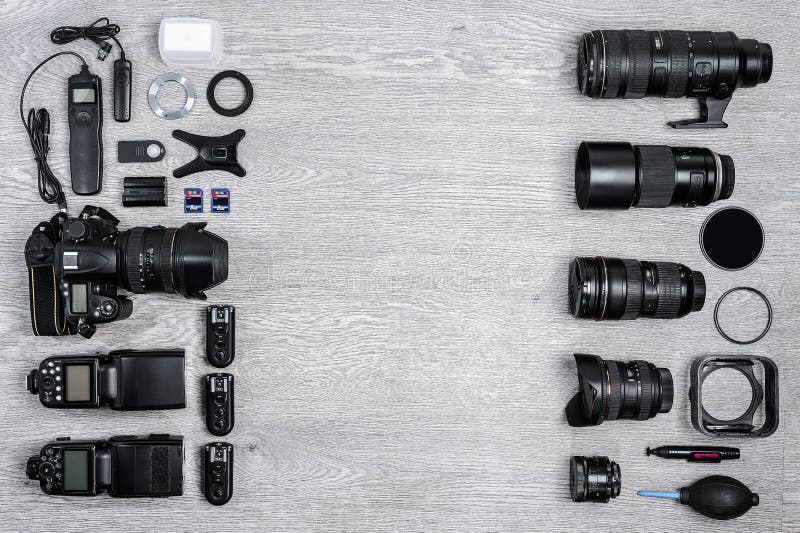 Professional Photographer Idea with Accessories Background Stock Photo ...