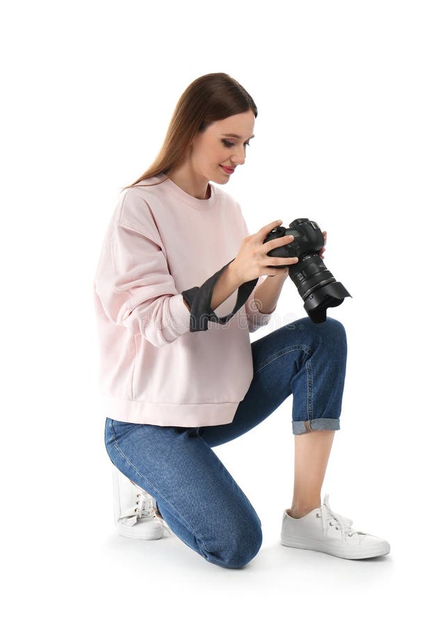 Professional Photographer with Modern on White Background Stock Photo ...