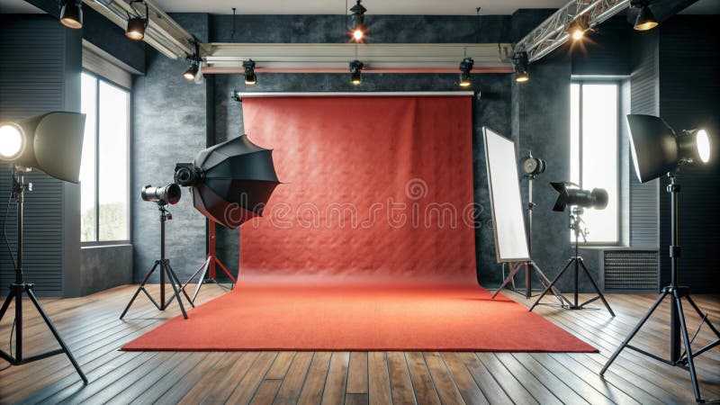 Professional Photography Studio with Red Backdrop and Lighting ...