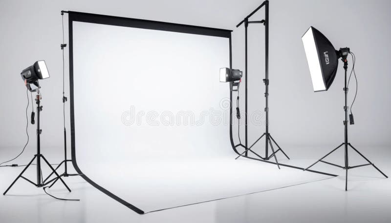 Professional Photography Studio Setup with Lighting Equipment and White ...