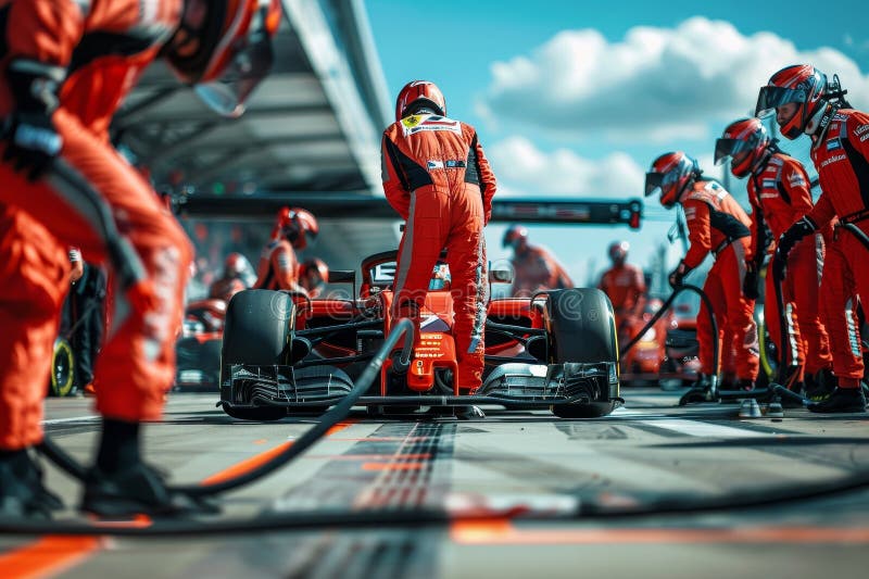 Professional Pit Crew in Action during Car Race Pitstop, Team Ready for Fast Action Stock ...