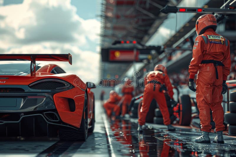 Professional Pit Crew Ready As Race Car Arrives, Teamwork Concept with ...