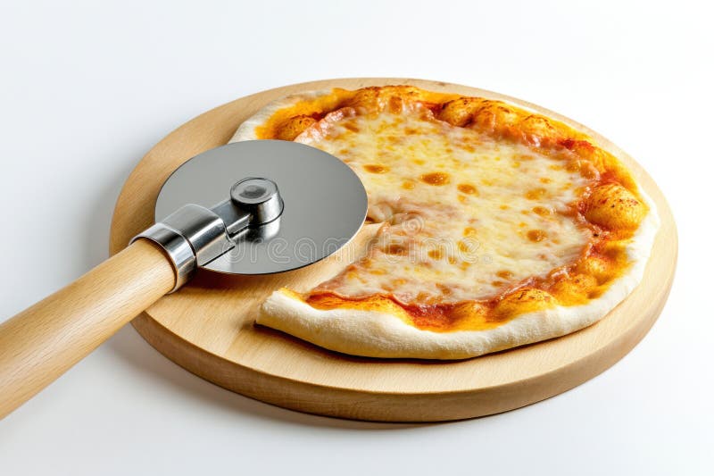 Professional Pizza Cutter on a Wooden Board with Pizza Placed on a ...