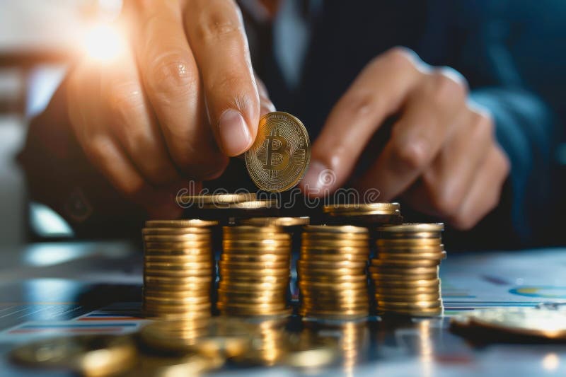 Professional Placing Gold Coin on Stacked Coins with Upward Trend Graph ...
