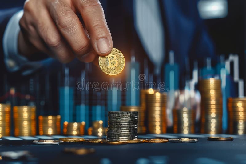 Professional Placing Gold Coin on Stacked Coins with Upward Trend Graph ...