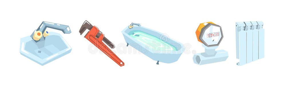 Professional Plumber Object and Instrument Vector Set Stock ...