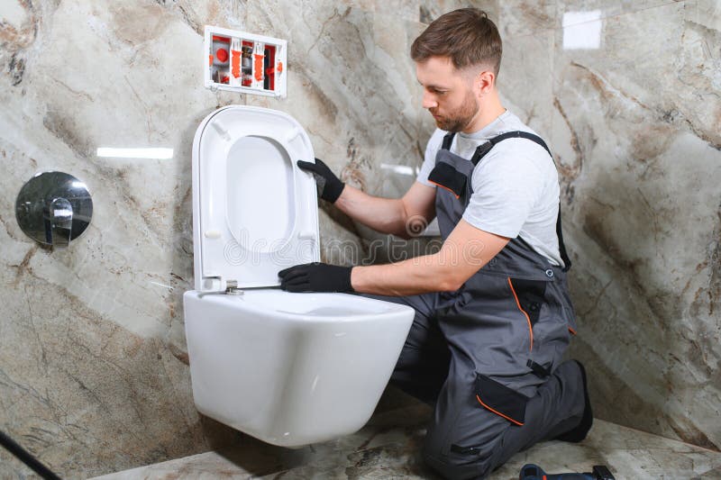 Professional Plumber Working with Toilet Bowl in Bathroom Stock Image ...