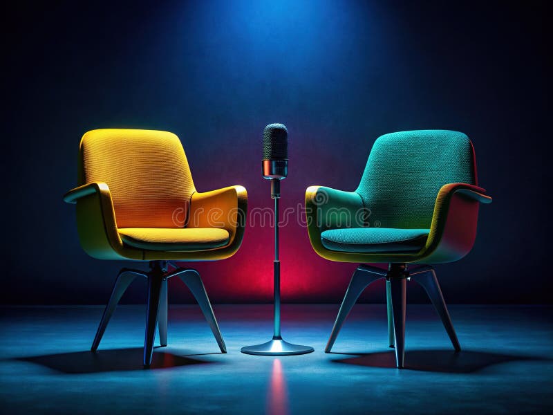 Professional Podcast Interview Setup Empty Chairs Microphones and a ...