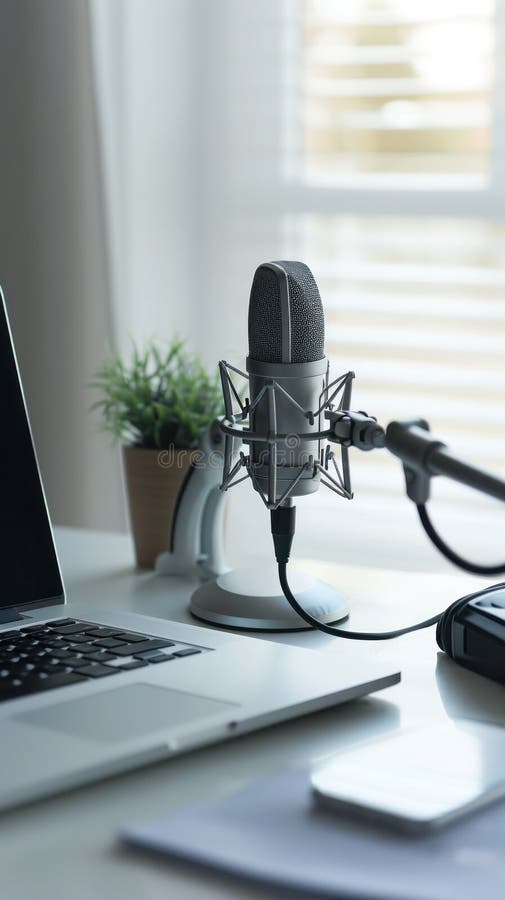 Professional Podcast Microphone Setup with a Laptop and Green Plant ...