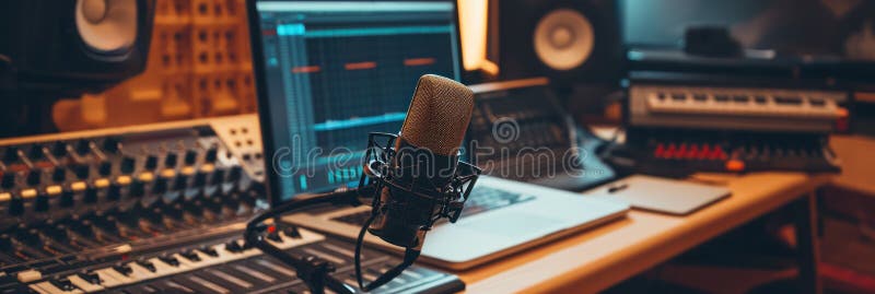 Professional Podcast Studio Setup with Microphone, Mixer, Keyboard, and ...