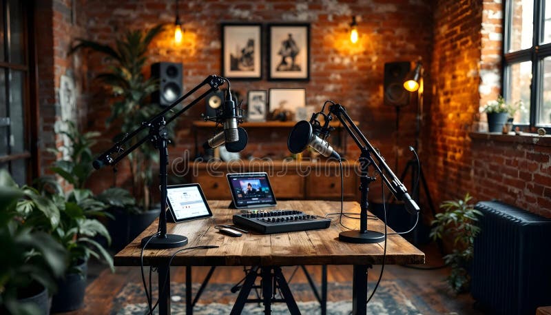 Professional Podcast Studio Setup in a Rustic Brick Room with Two ...