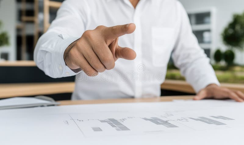 A Professional Pointing at a Blueprint on a Table in an Office Stock ...
