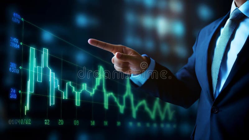Professional Pointing at a Financial Graph on a Touchscreen, Analyzing ...