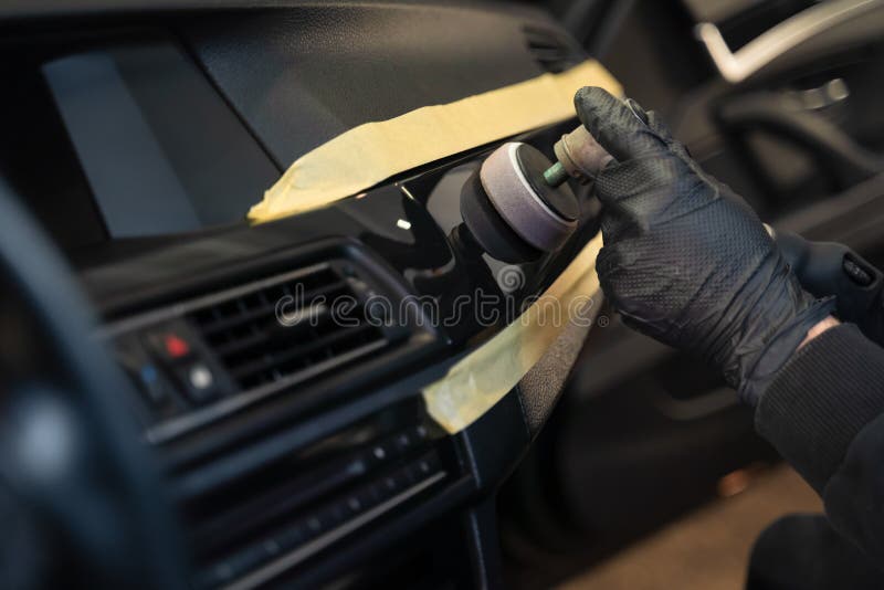 Professional Polishing Car Interior Trim. Auto Detailing Concept. Stock ...