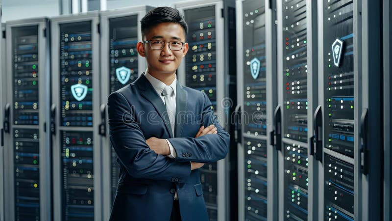 An it Professional Poses in a Modern Server Room, Demonstrating ...