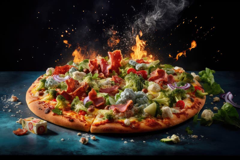 Exploding Pizza with Salad, Cheese and Salami Stock Illustration ...