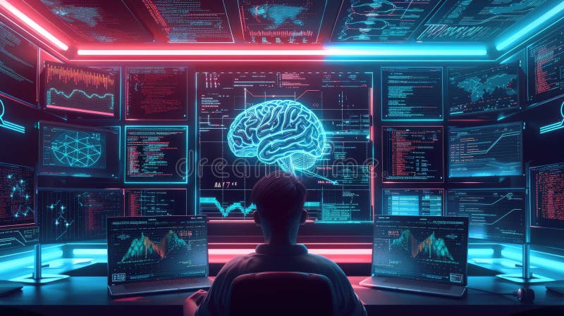 Professional Programer Looking Computer Desktop with Coding Program. AIG42. Stock Image - Image ...