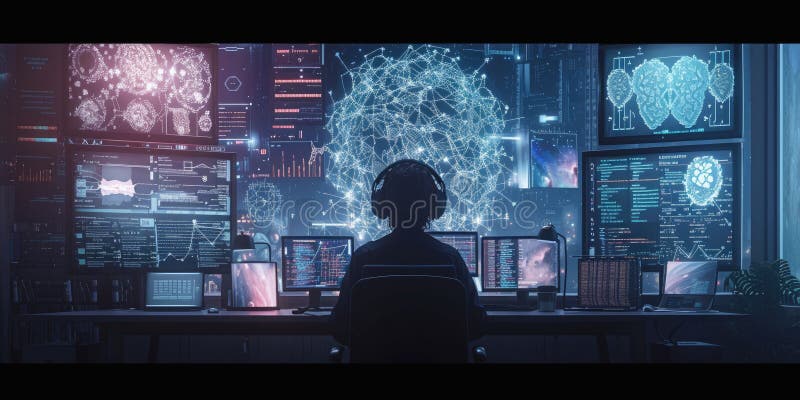 Professional Programer Looking Computer Desktop With Coding Program