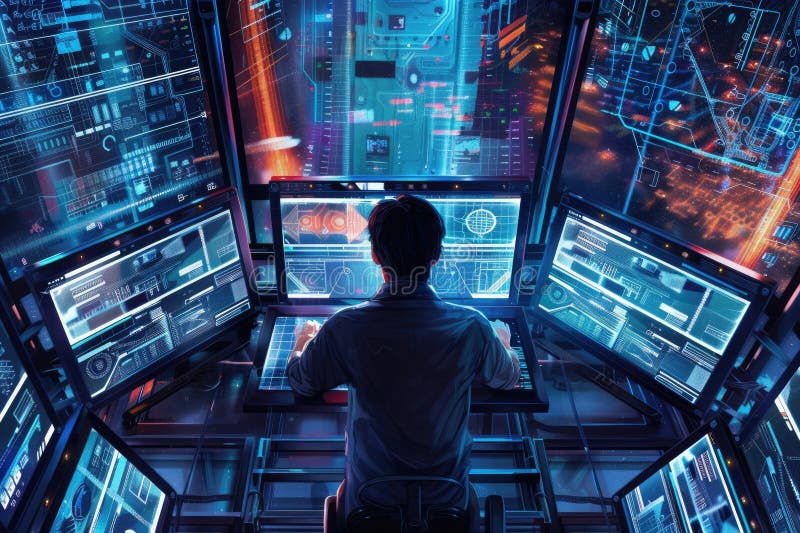 Professional Programer Looking Computer Desktop with Coding Program. AIG42. Stock Illustration ...