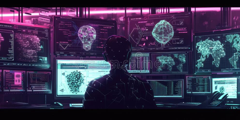 Professional Programer Looking Computer Desktop with Coding Program ...