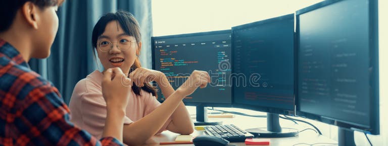 Professional Programer Team Discuss about Web Coding at Office. Burgeoning. Stock Image - Image ...